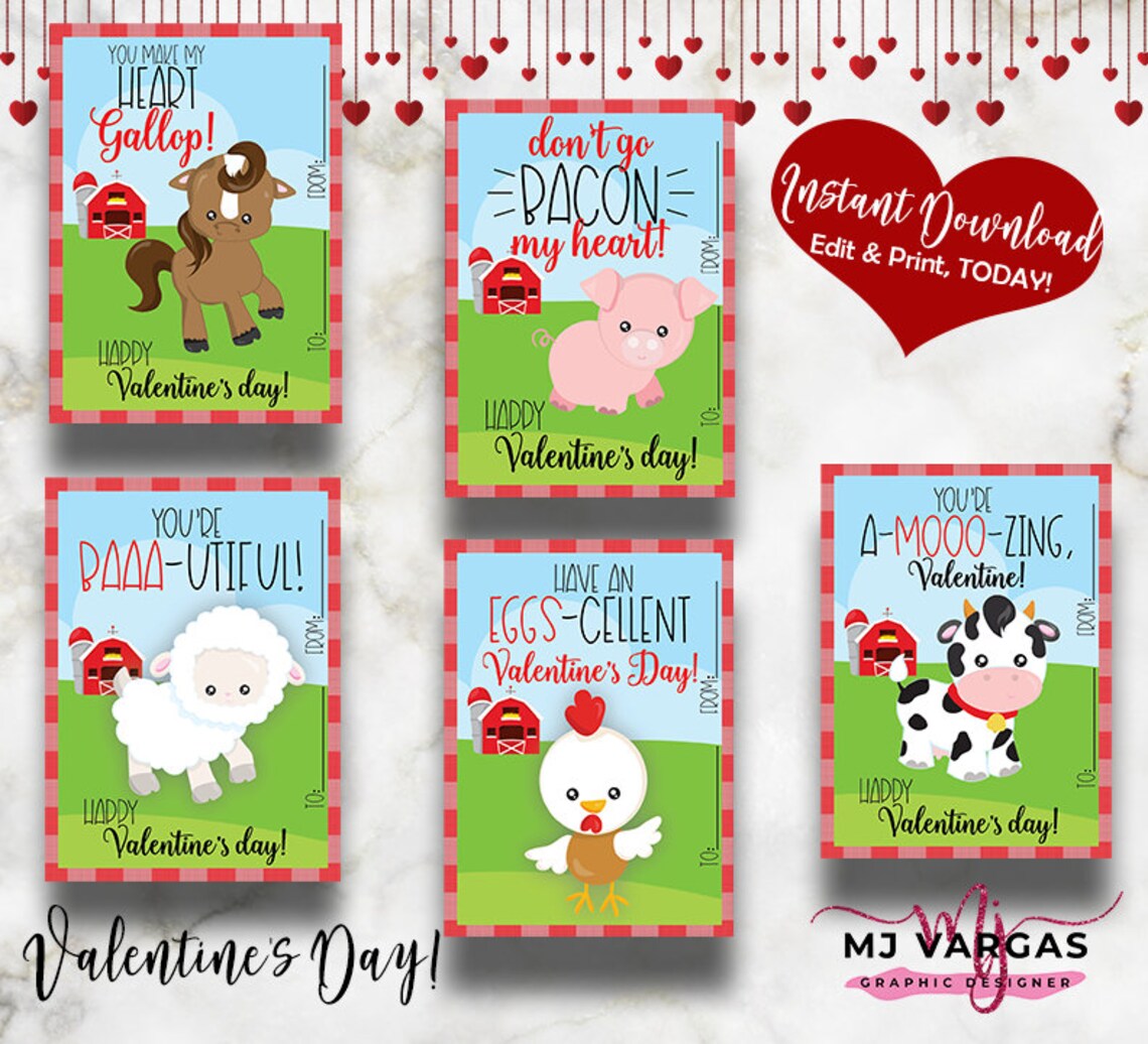 Farm Animals Valentines Day Cards Printable Animals Cards | Etsy