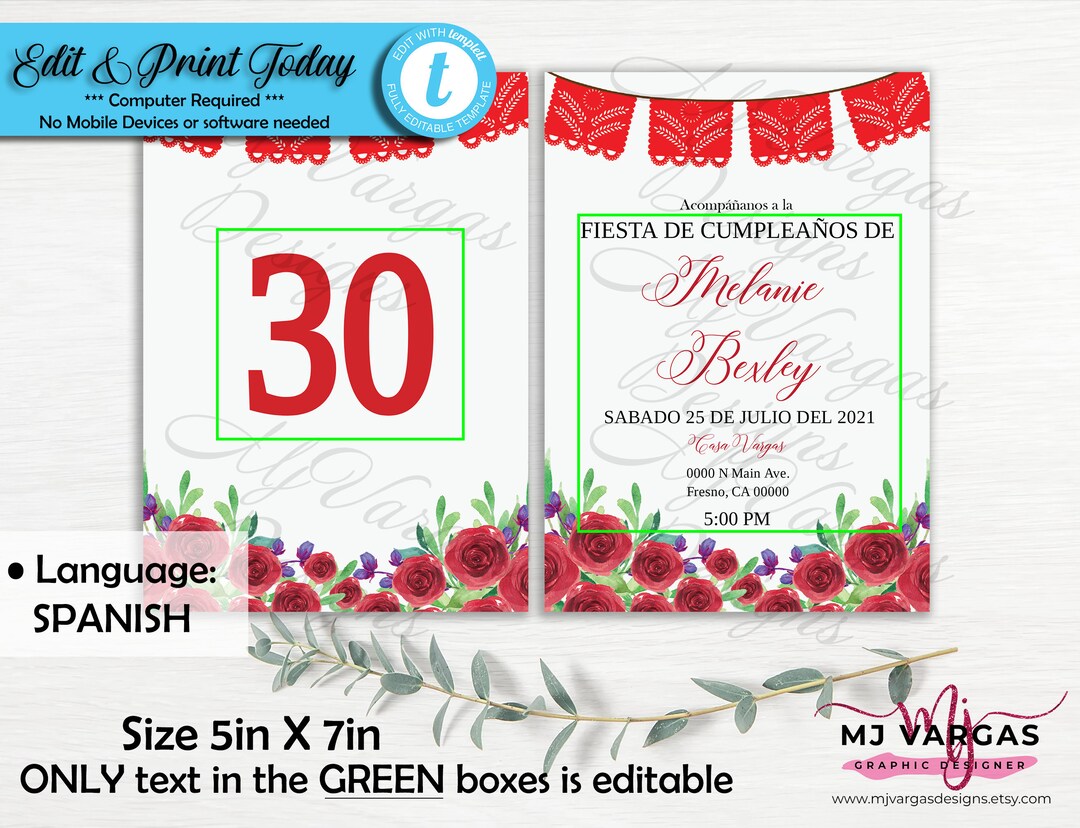 Red Mexican Fiesta Birthday Invitation SPANISH Female Birthday ...