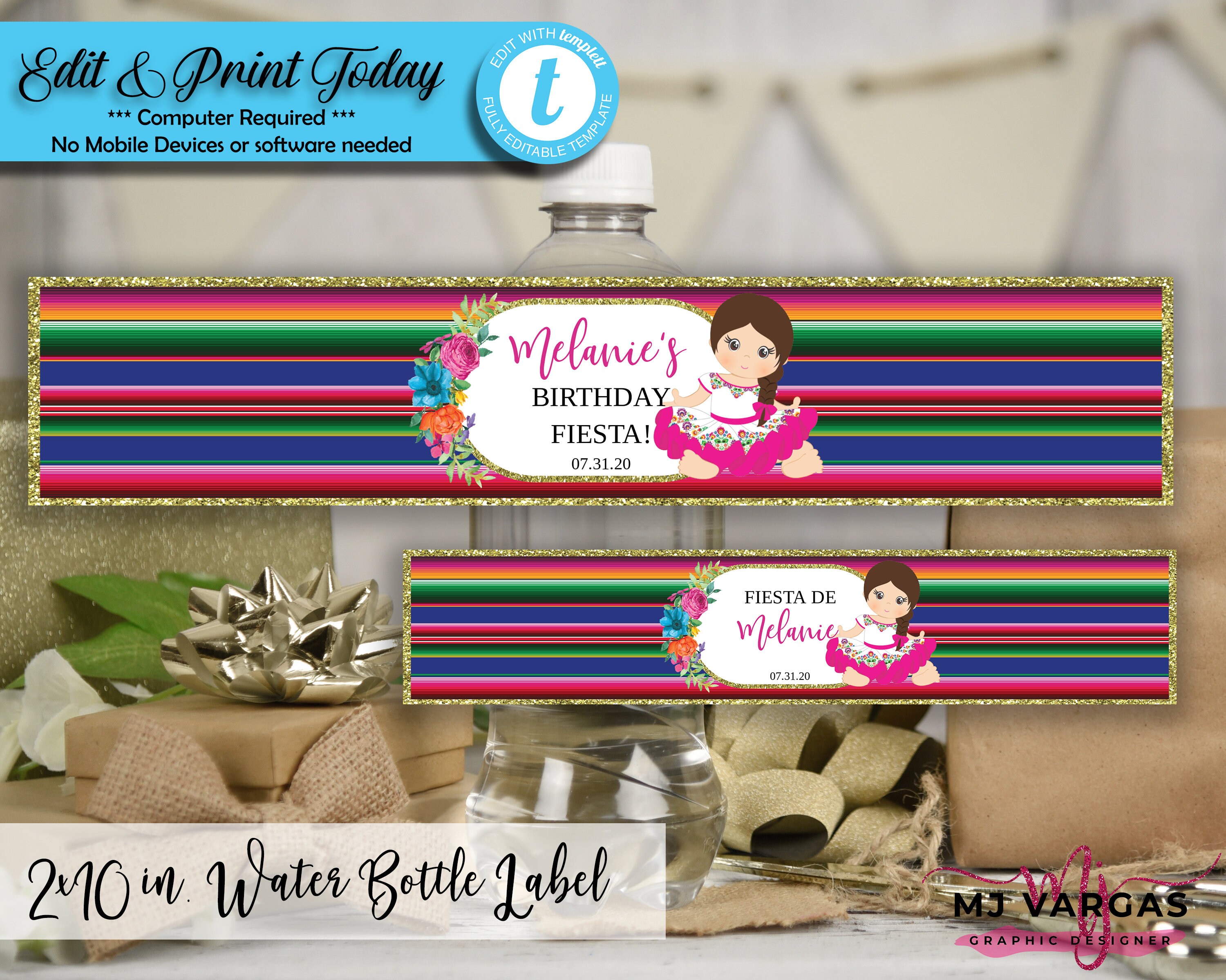 Mexican Theme Pink Girl Birthday Water Bottle Lable 10x2in - Etsy
