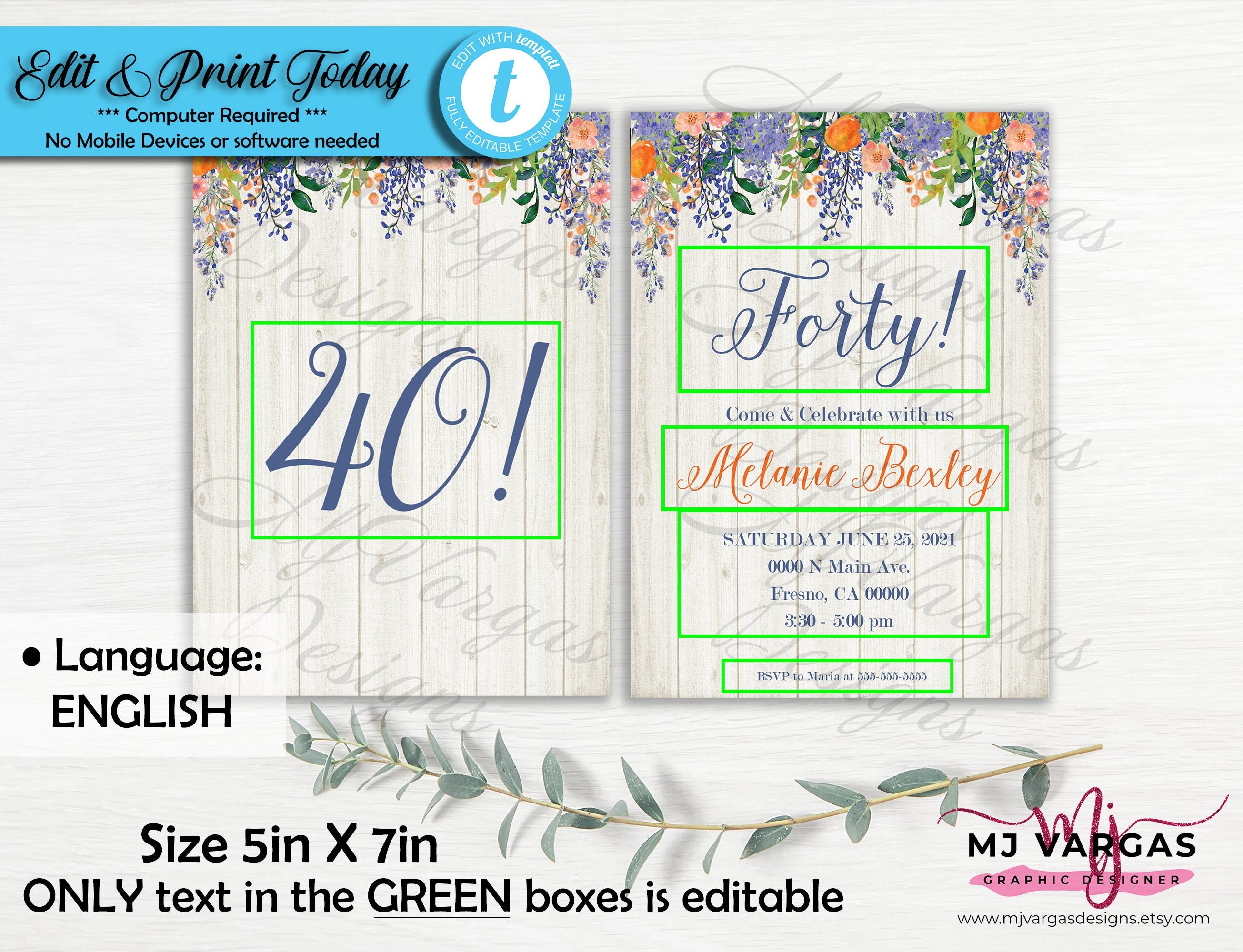 Spring Birthday Printable Invite ENGLISH Floral Birthday - Etsy