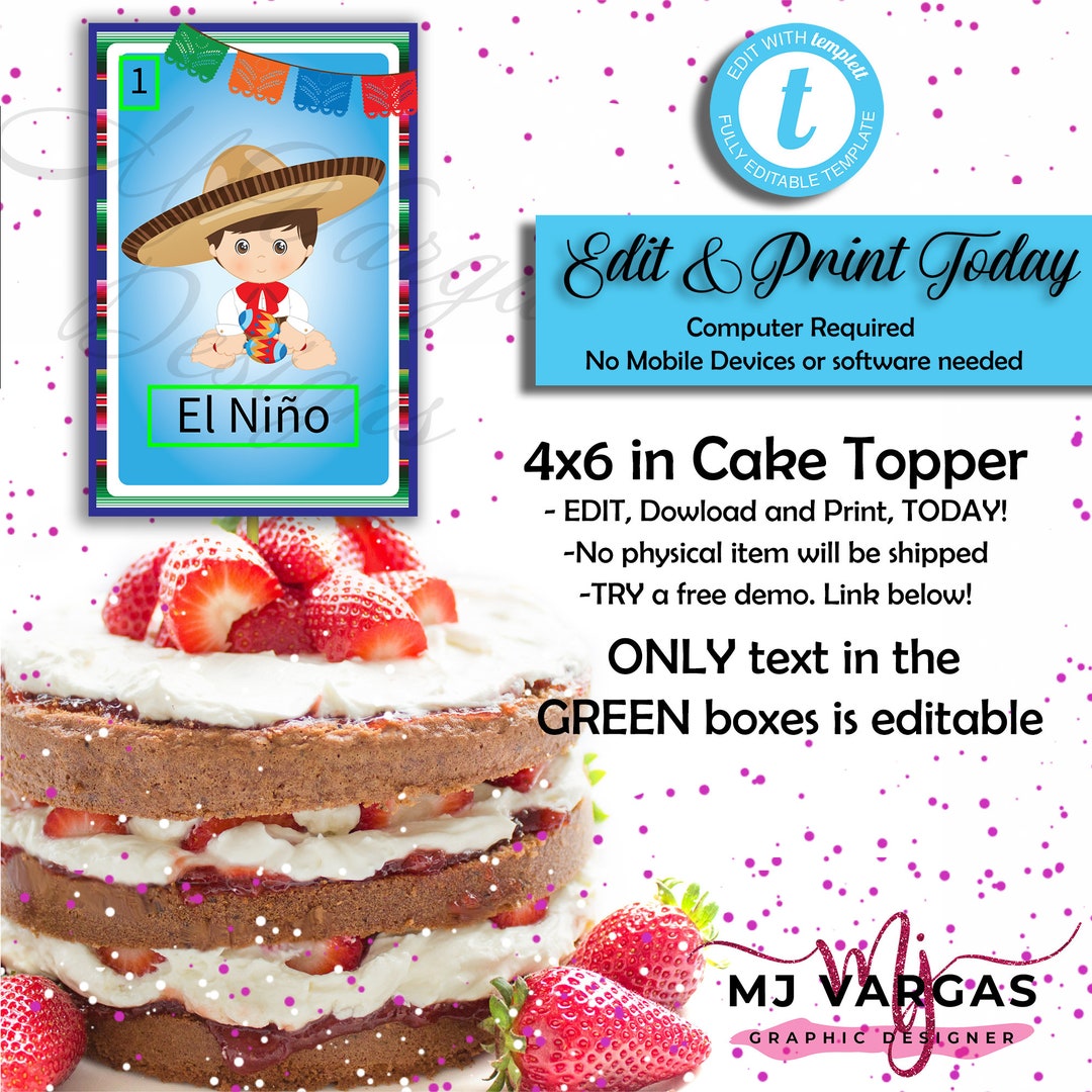 Muchachito Mexican Theme Cake Topper 4x 6in Loteria Centerpiece Card ...