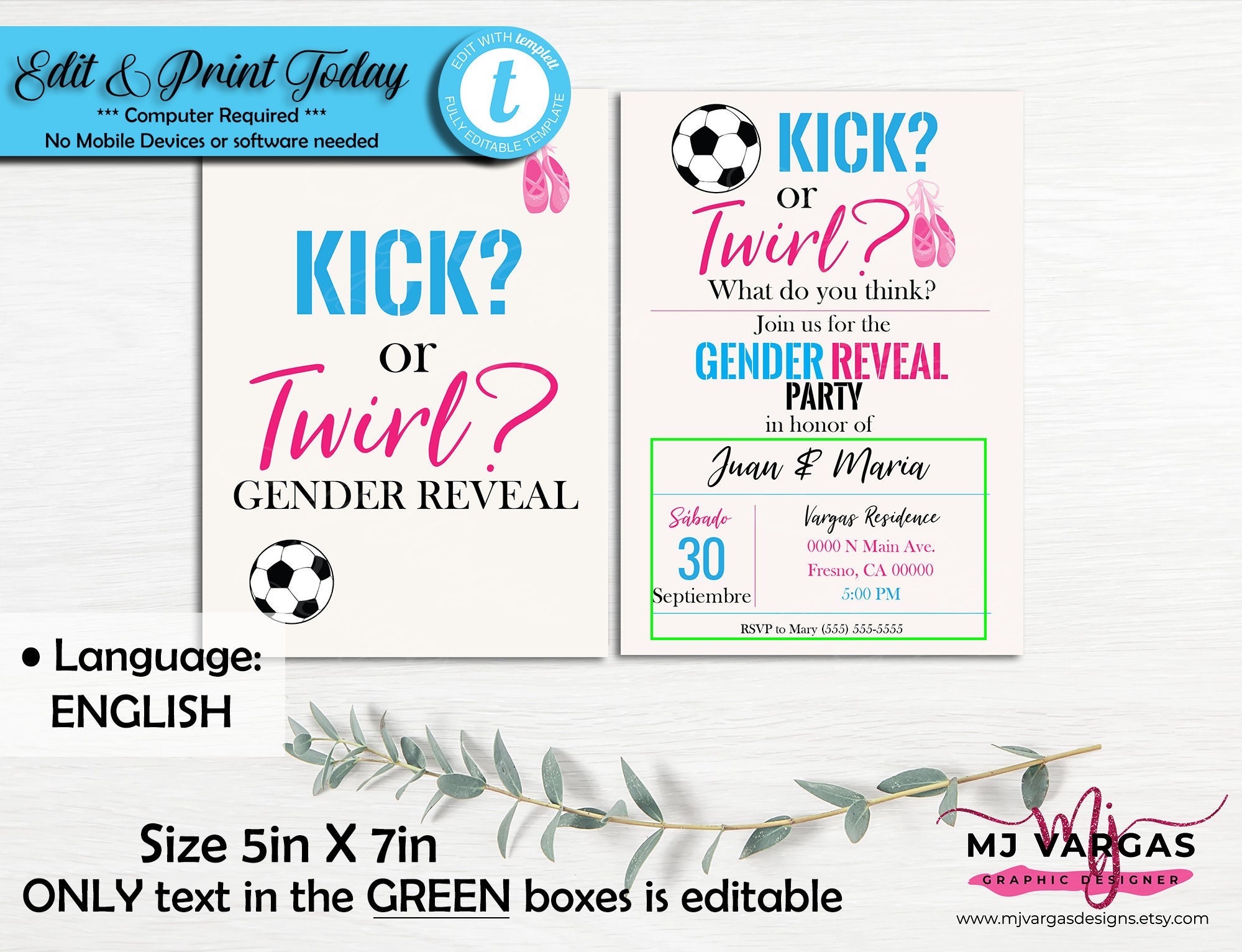 Kick or Twirl Gender Reveal Edit & Print ENGLISH Templet - Etsy