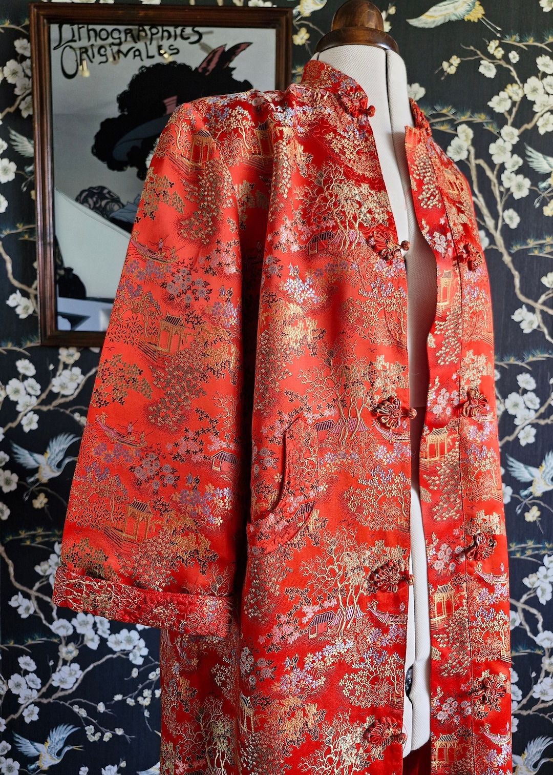 Vintage Chinese Silk Brocade Robe-1940s to 1950s Peony Brocade Robe ...