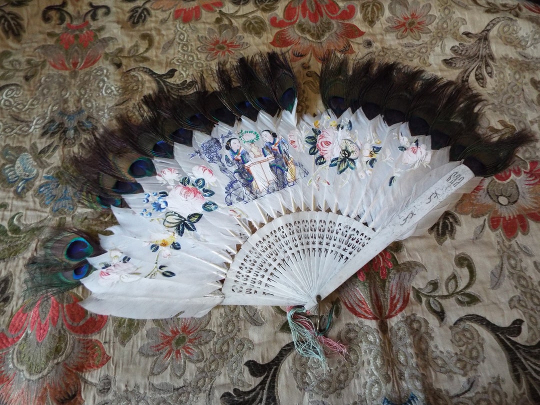 Antique Painted Feather Fan~1800s Painted Feather Fan ~1800s Carved ...