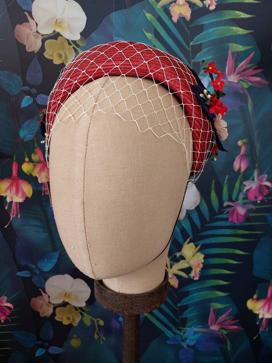 Vintage Floral Half Hat-1950s Floral Half Hat-Mid Century Straw Half ...