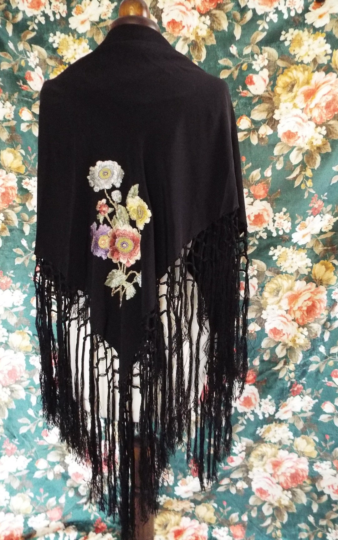 Antique Embroidered Shawl~victorian Embroidered, Fringed Piano Shawl ...