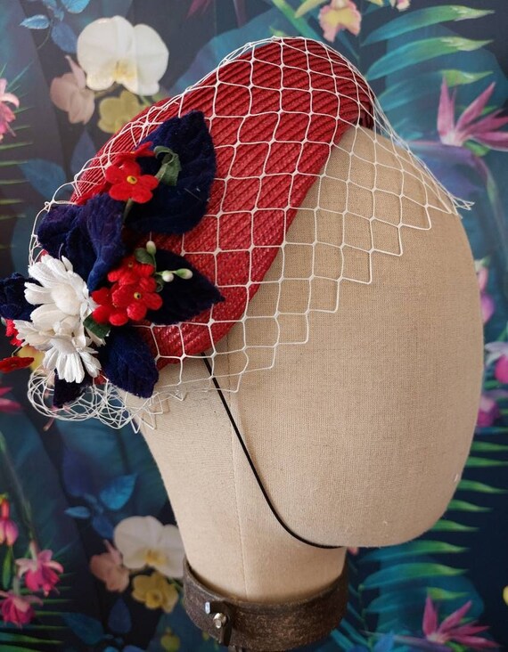 Vintage Floral Half Hat-1950s Floral Half Hat-Mid Century Straw Half ...