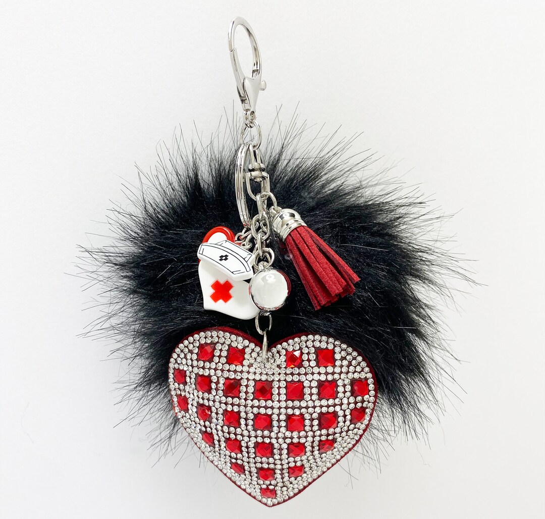 Nurse Pom Pom With Red Heart Keychain - Etsy