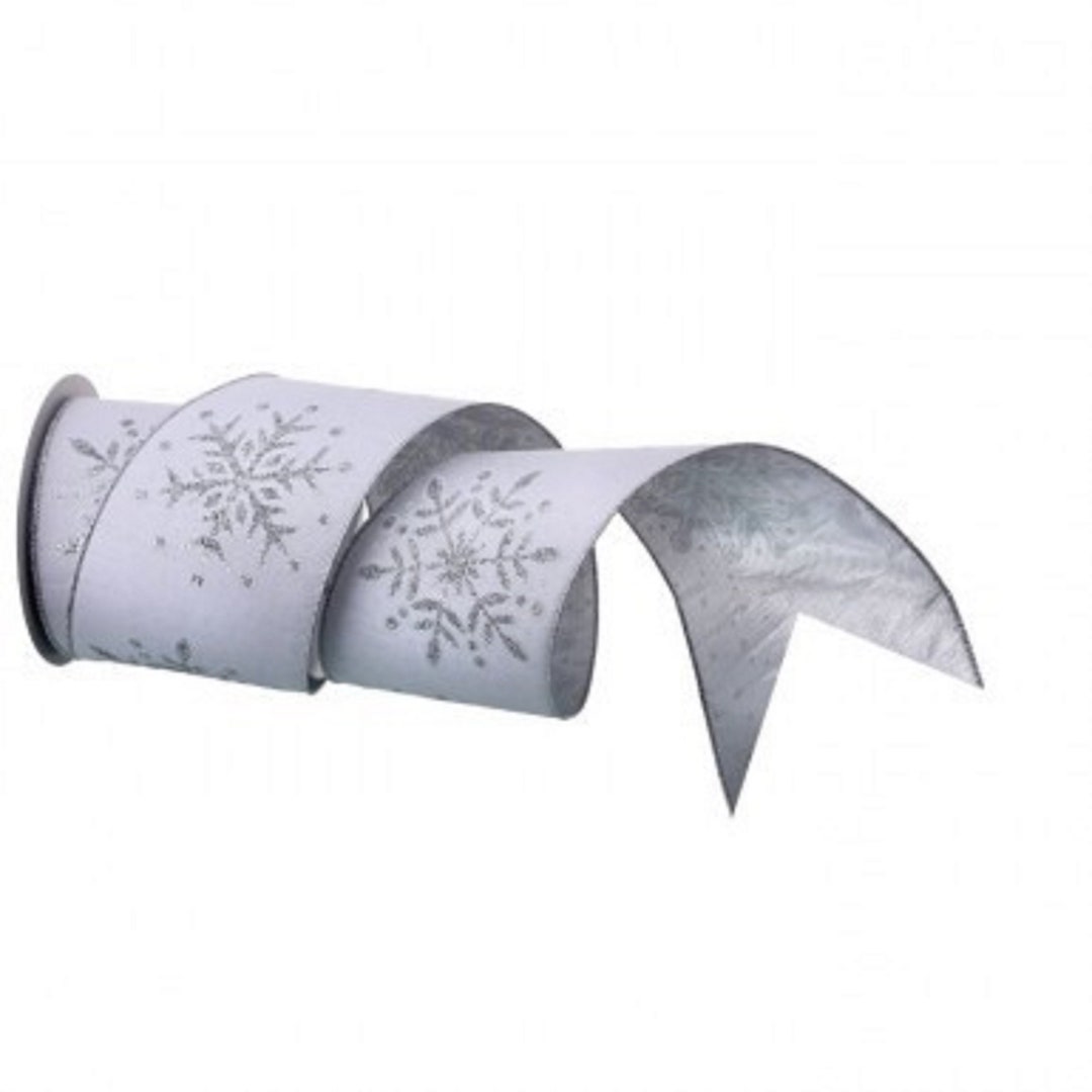10 Yards, 4 Inch Wired Ribbon. White and Silver Snowflake Ribbon ...