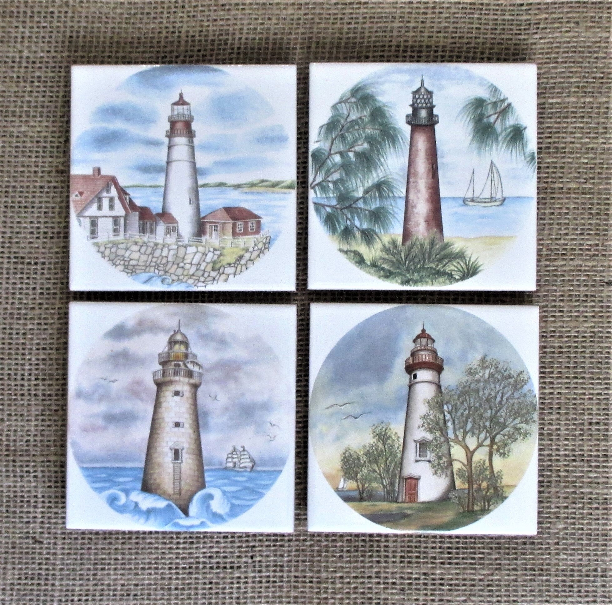 Lighthouse Coaster Set Ceramic Tile Coasters Beach Decor - Etsy