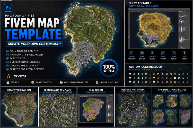 Fivem Custom Map Photoshop Template | Editable PSD Map File | GTA RP ...