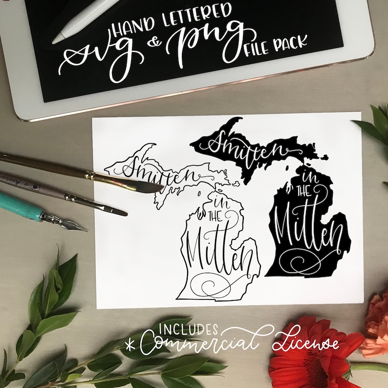 SMITTEN in the MITTEN Svg Png File, Michigan Outline, Hand Lettered Cut ...