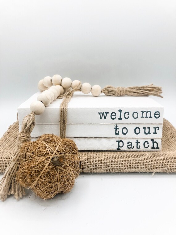 Stamped Book Stack Welcome to Our Patch Stacked Books | Etsy