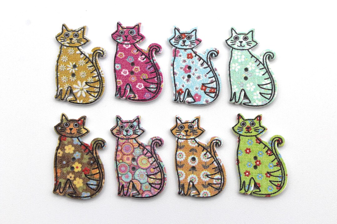 Cat Wooden Buttons, Kitten Craft Buttons. Set of 8 Buttons. - Etsy