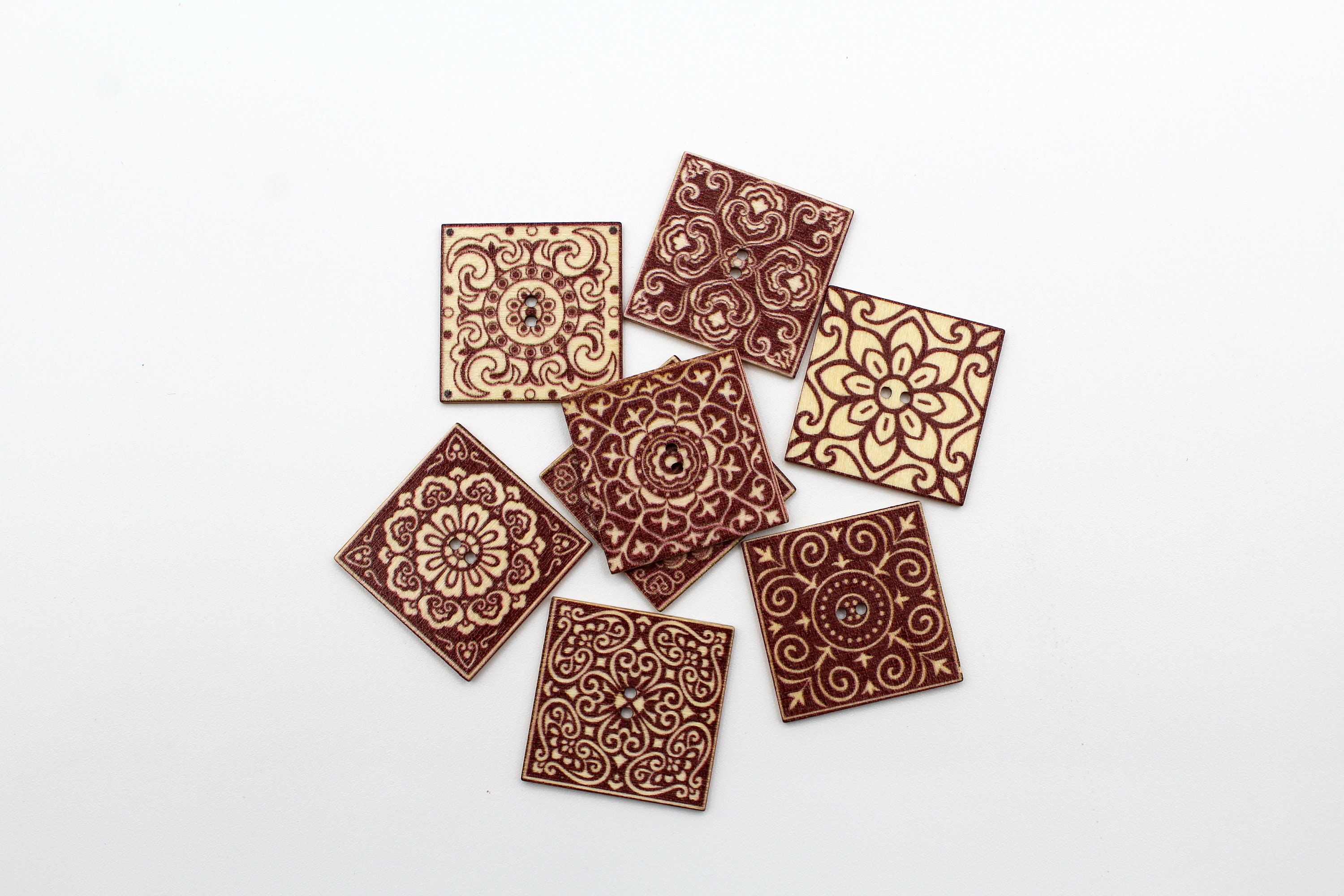 Square Buttons. Brown Mandala Tile Wooden Buttons. 8 Buttons - Etsy