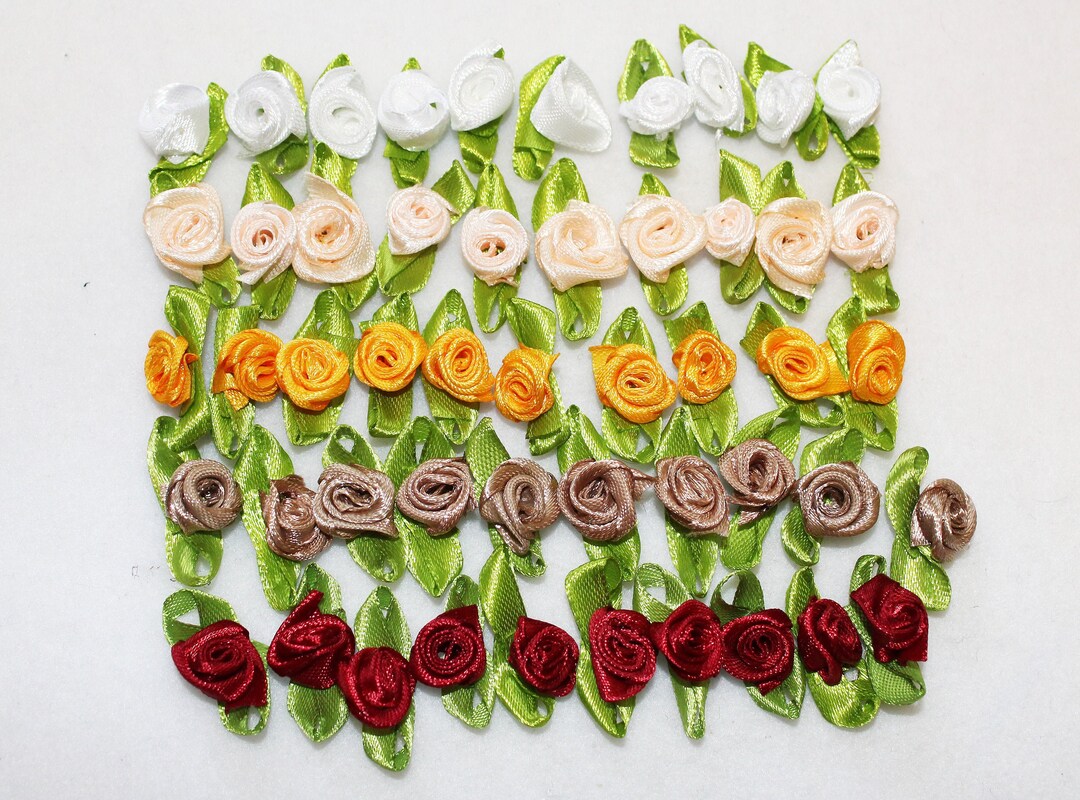 50 Mini Satin Ribbon Roses Flowers With Leaves. Assorted Colors for ...