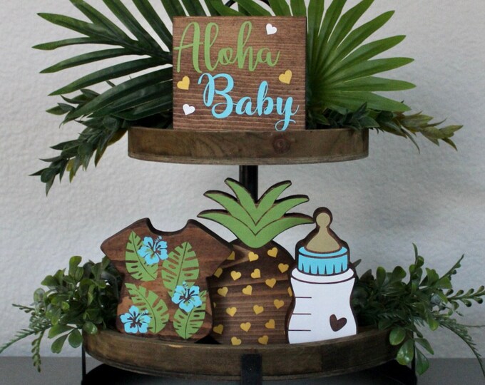 Aloha Baby Shower Decorations, Wood Tier Tray Decor, Blue Aloha Baby ...
