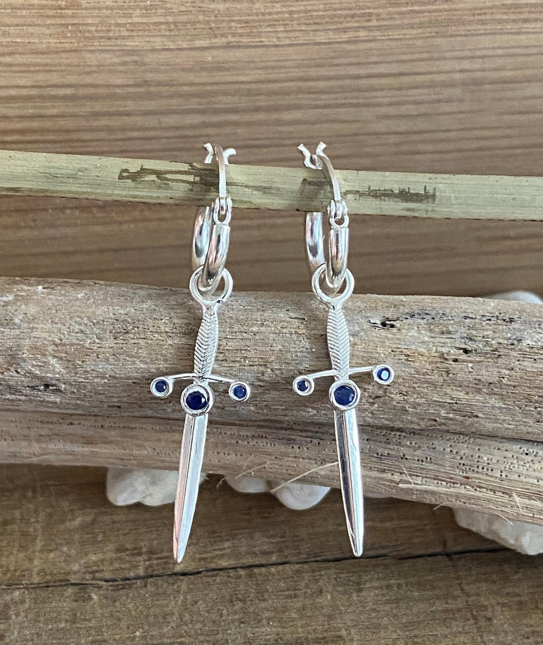 Dagger Excalibur Sapphire Silver Earrings, Dagger Earrings, Sword Hoop ...