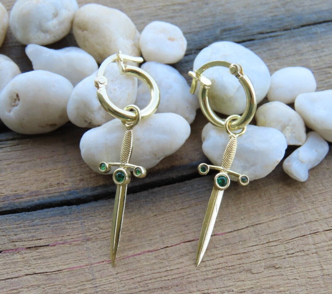 Gold Dagger Excalibur Emerald Earrings, Dagger Earrings, Detachable ...