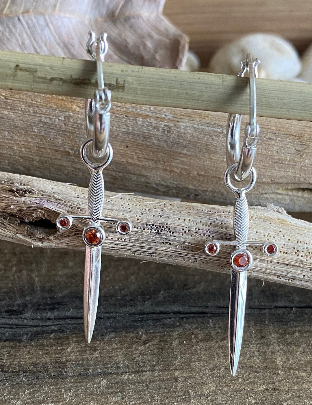 Excalibur Dagger Garnet Silver Earrings, Dagger Earrings, Sword Hoop Earrings, Sword Hoops ...