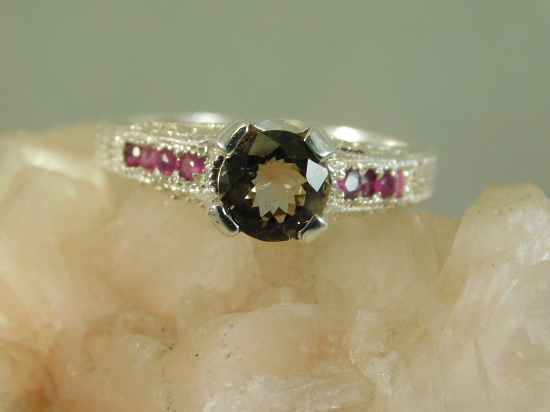 0.89 Ct. Round Axinite and Ruby Ring Art Deco Style Engraved Sterling ...