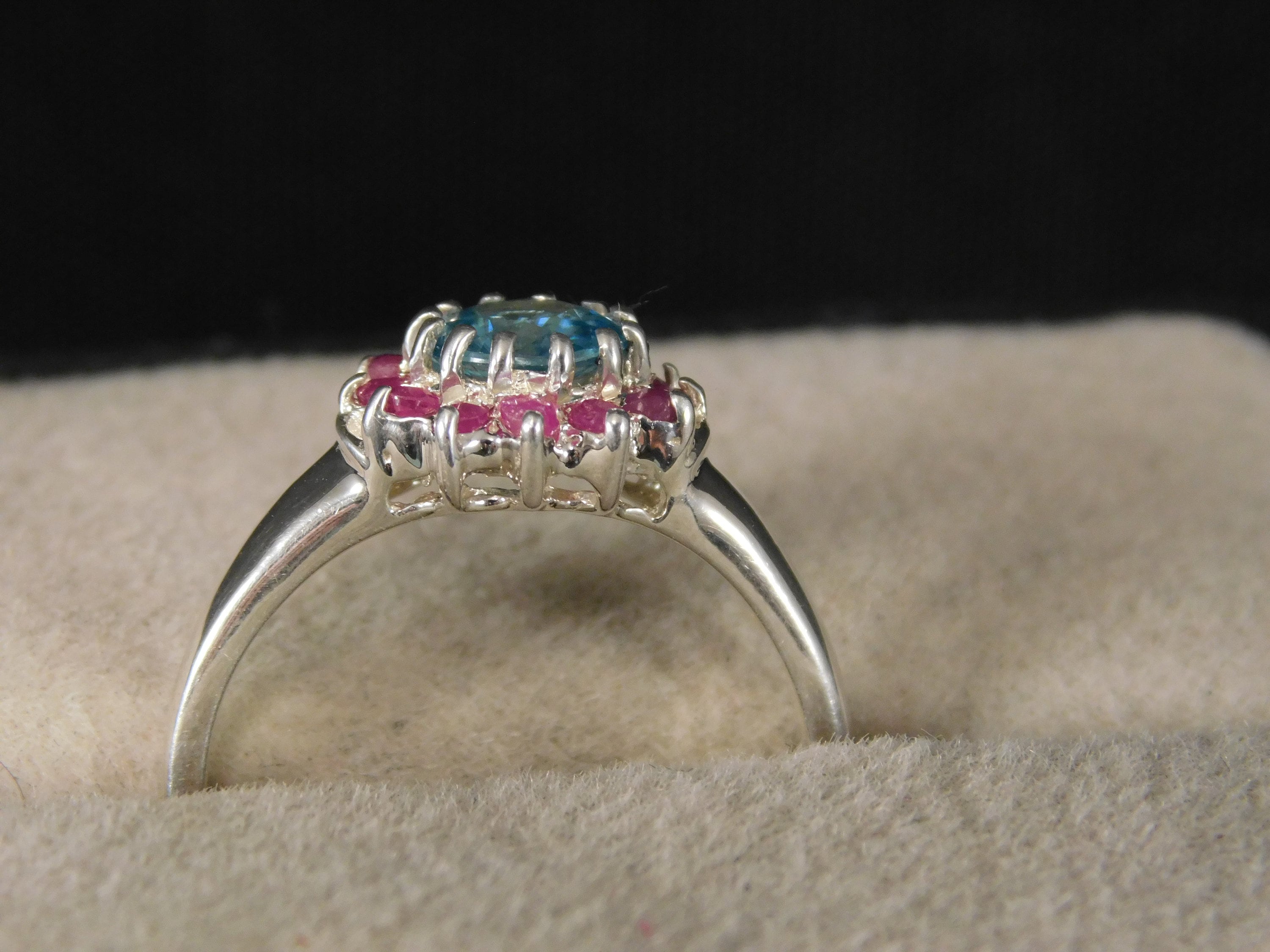 Custom 1.00 Ct. Round Blue Zircon and Ruby Ring Art Deco Style Sterling ...