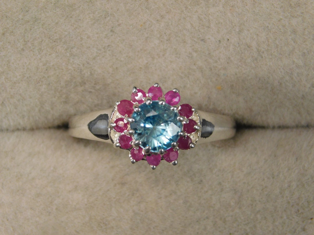 Custom 1.00 Ct. Round Blue Zircon and Ruby Ring Art Deco Style Sterling ...