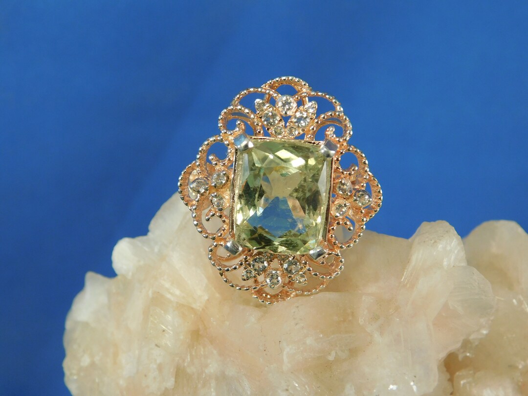 Rare 6.78 Ct. Emerald Cut Green Hiddenite and White Topaz Ring Rose ...