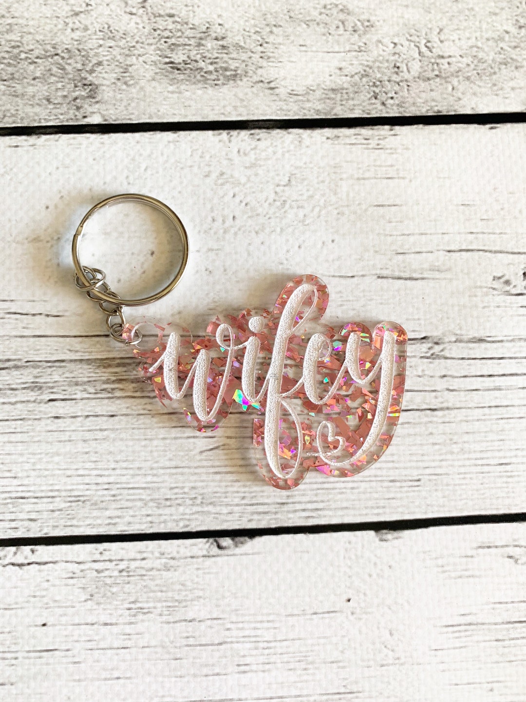 Wifey Keychain Clear Specks of Pink Customized Wife Gift - Etsy
