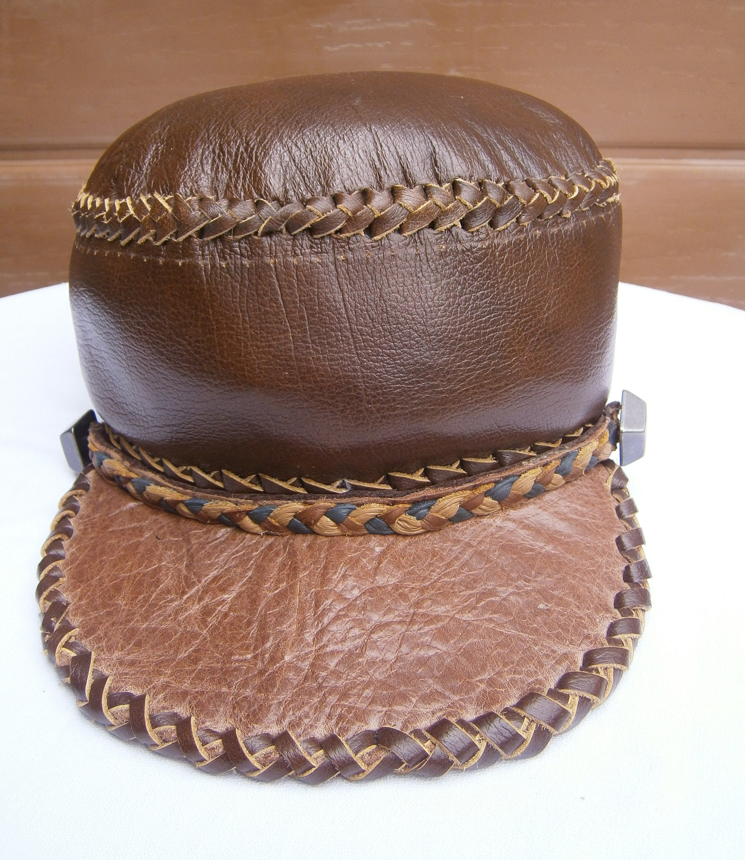 Medium to Large Brown Leather Hat With Hand Platting and Pewter Buttons ...