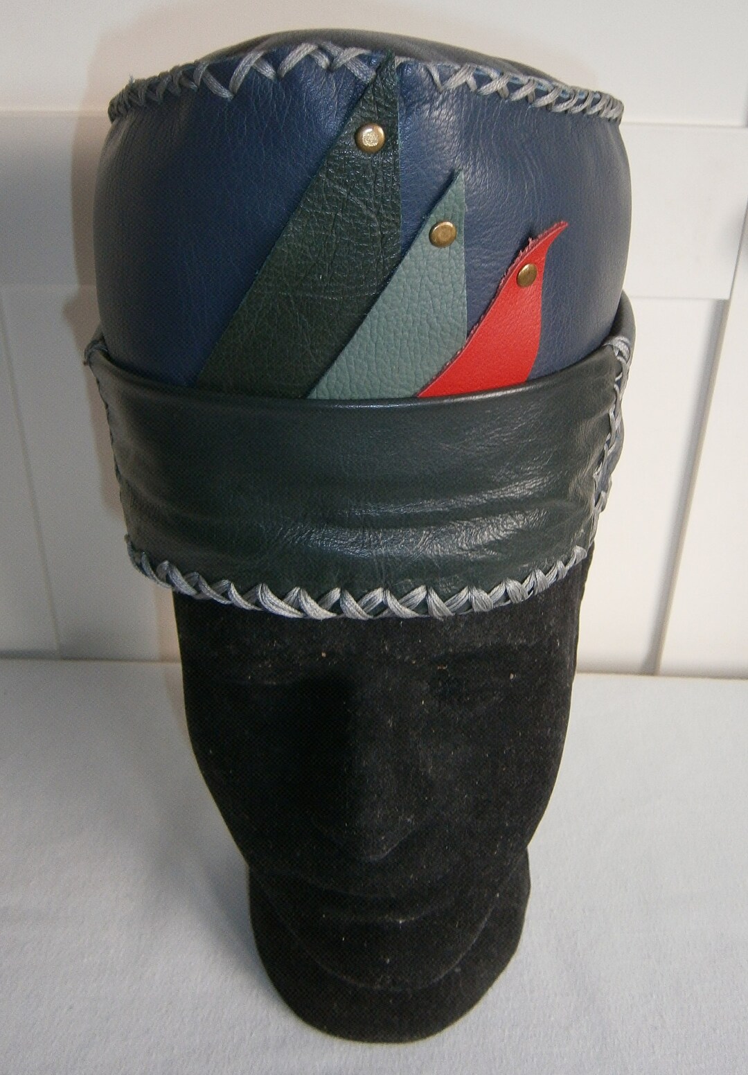 Hand Crafted Blue Leather Hat With Triangular Motif on the Front - Etsy