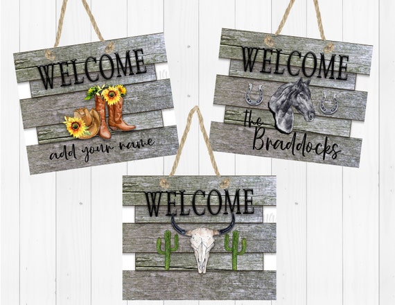 3 design options for rustic Western Welcome sign on plank | Etsy