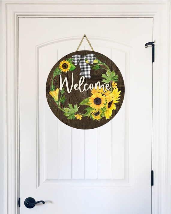 Welcome Sunflower Design on Dark Wood Background Digital | Etsy