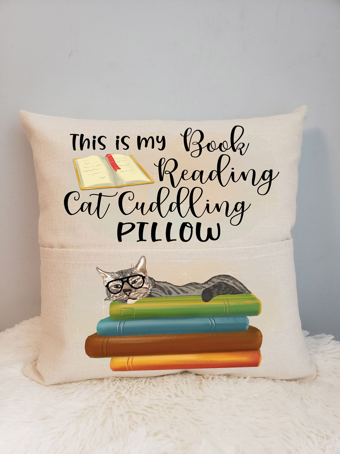 Book Reading Cat Cuddling Design Comes With Full Pillow | Etsy