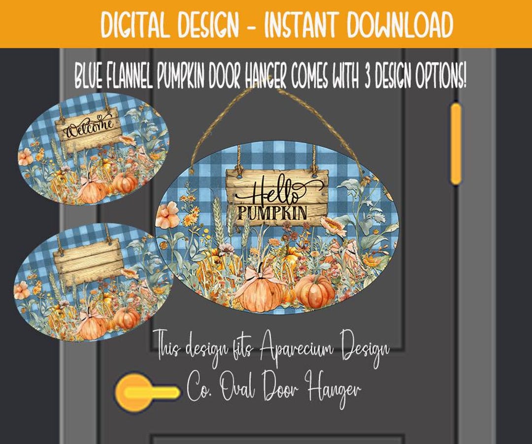 Oval Door - Wall Hanger Blue Flannel Pumpkins Fall Instant Download ...