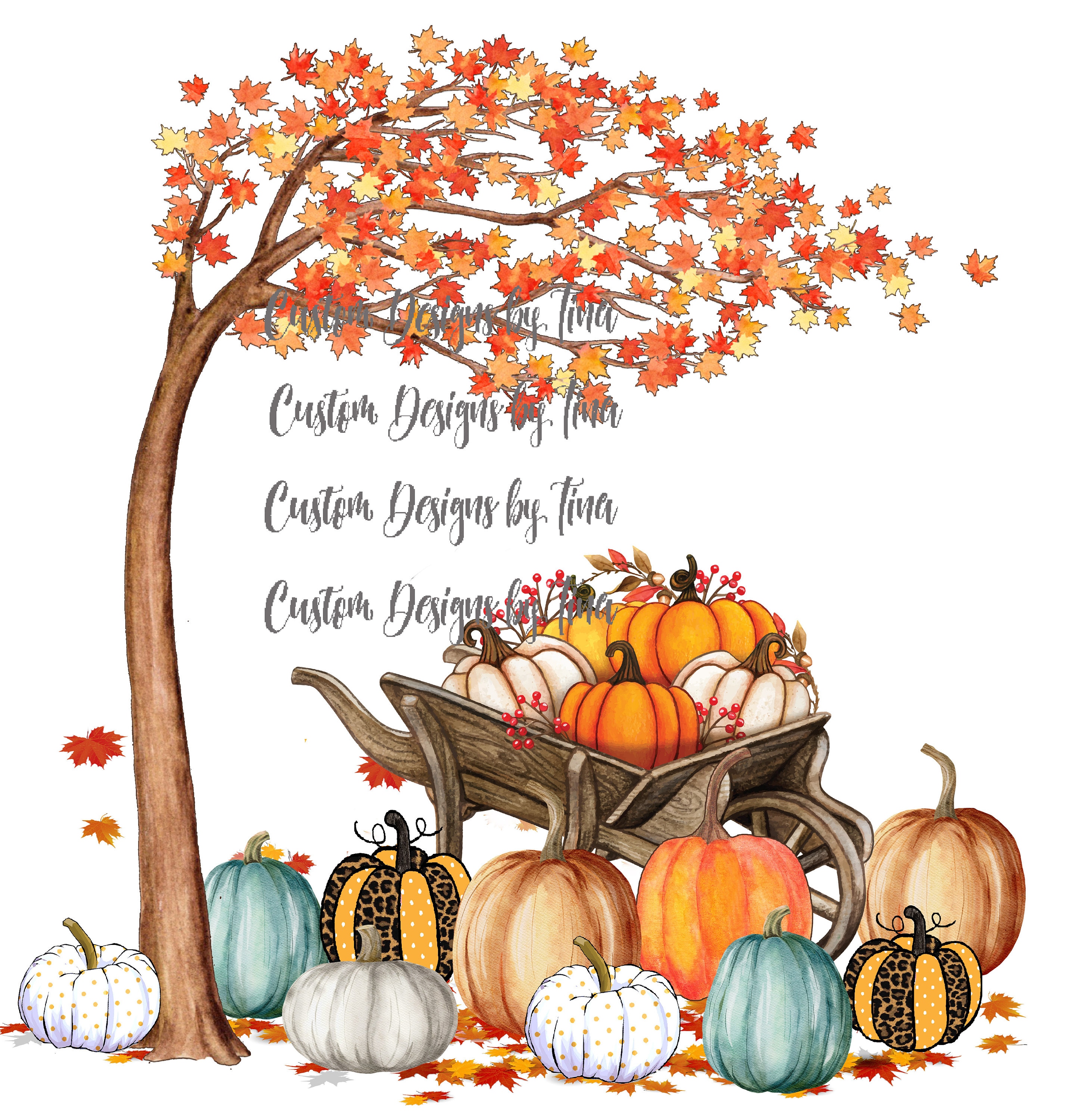 Fall Tree With Wheelbarrow and Pumpkins Comes Blank Add Your Names ...