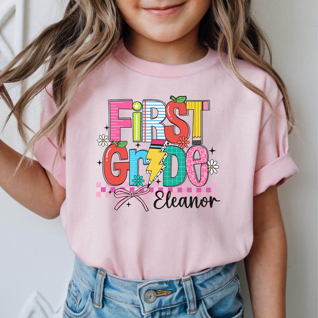 First Grade Back to School Shirt, Personalized Pencil Bow Tee for Kids ...