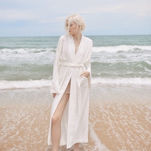 Women Linen Robe With Pockets - White Linen Long Robe - Organic Cotton ...