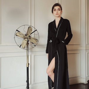 Women Silk Robe - Robe With Piping Line - Elegant Bridal Robe - Black ...
