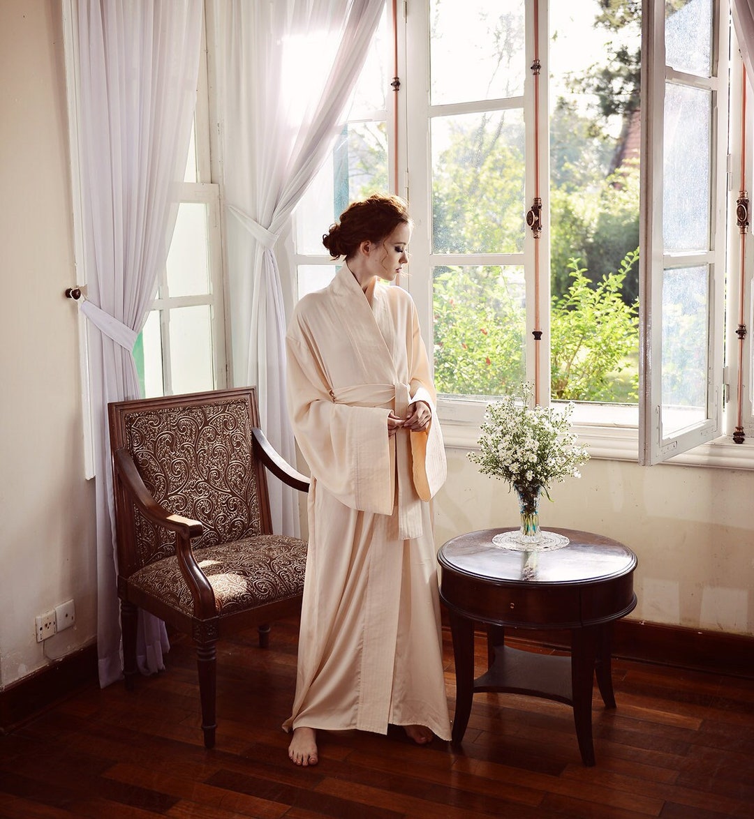 Silk Robe Kimono - Full Length Robe - Long Dressing Gown - Long Sleeve ...