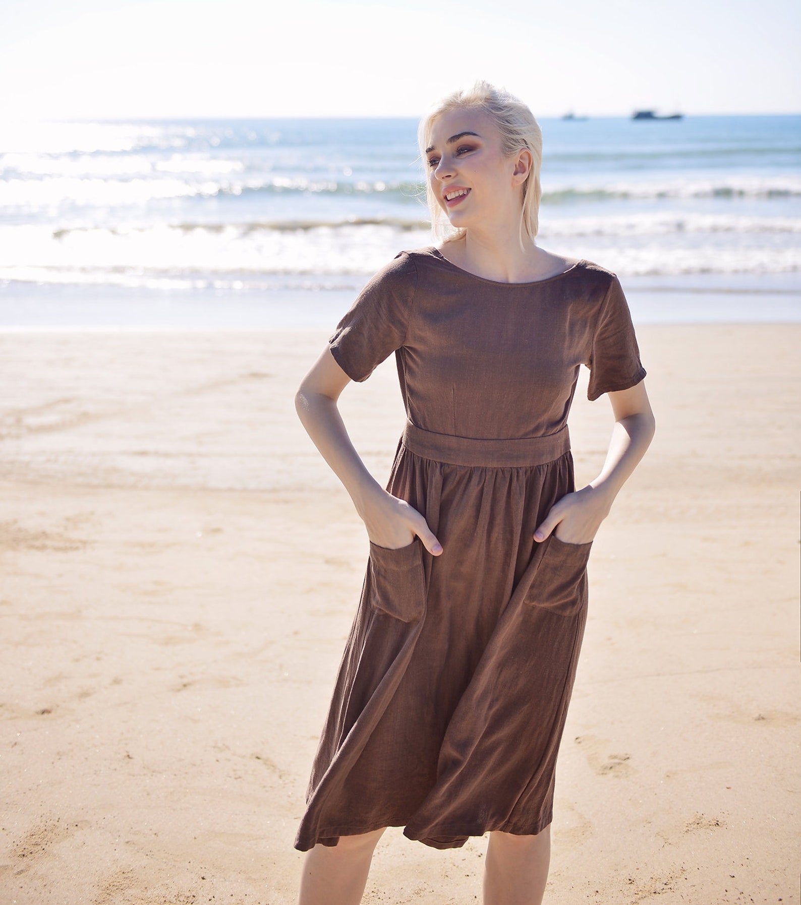 Openback Linen Dress Linen Dress With Pockets Openback | Etsy