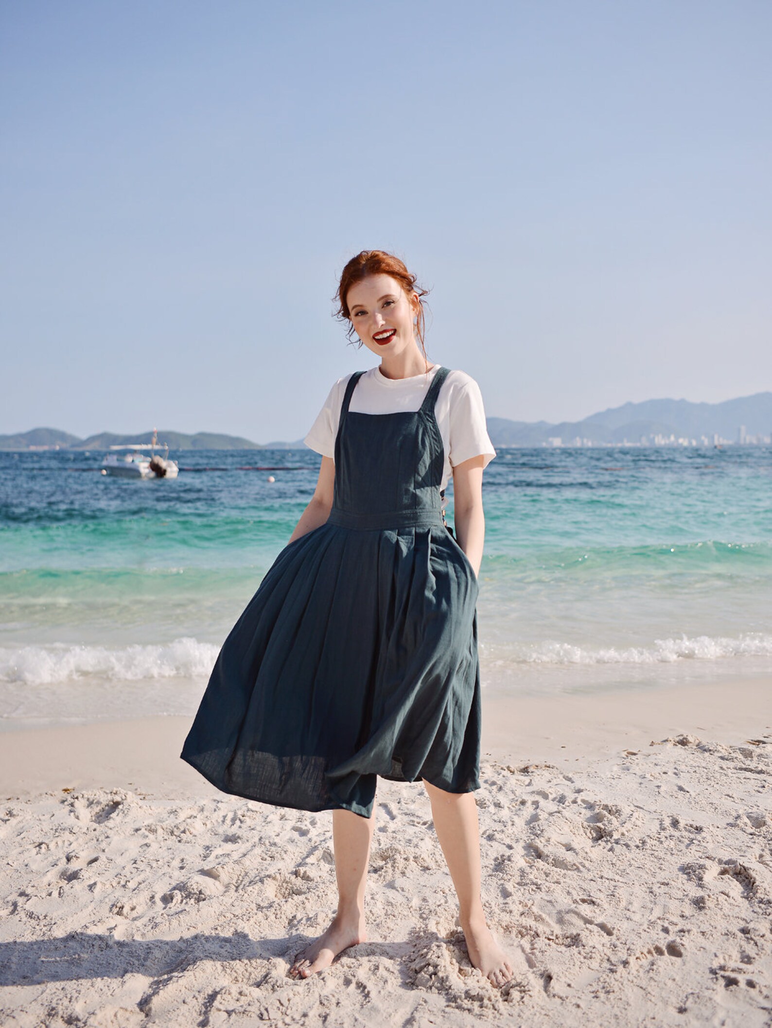 Womens Spring Dresses - Midi Apron Linen Dress - Pinafore Dress With ...