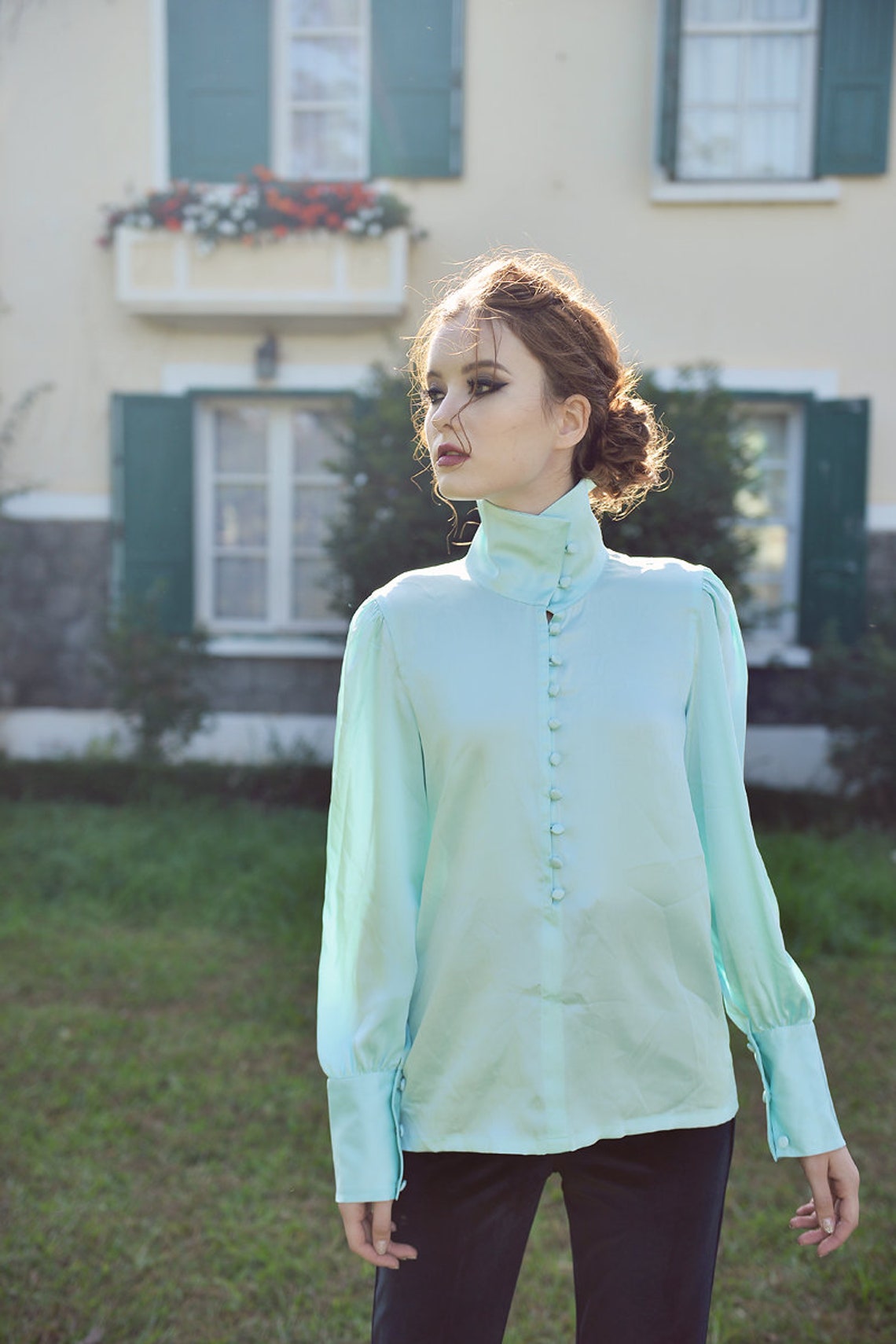 Women Silk Blouse - Turtleneck Silk Tops - Long Sleeve Shirt - 19mm ...