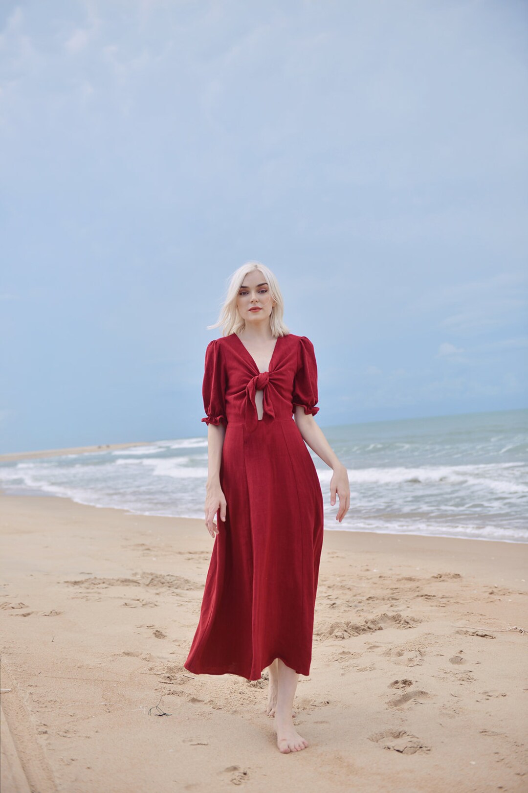 Bow Linen Dress - Red Romantic Dress - Midi Linen Dress - Etsy