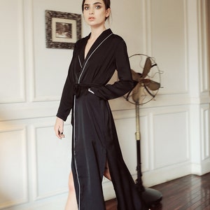 Women Silk Robe - Robe With Piping Line - Elegant Bridal Robe - Black ...