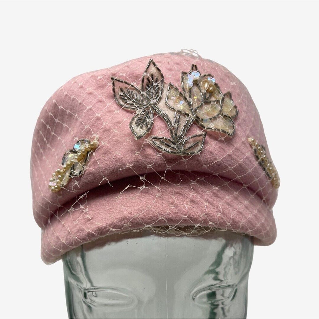 Neumann Endler Wool Hat Pink Toque Cloche Embellished Net Sequin Floral ...
