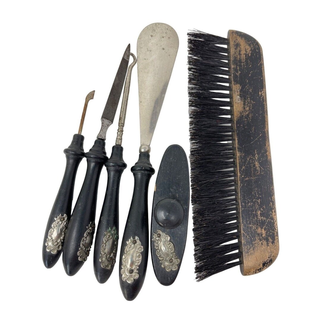 Victorian Vanity 6 PC Set Wood Ornate Decorated Nail Tools Shoe Horn ...