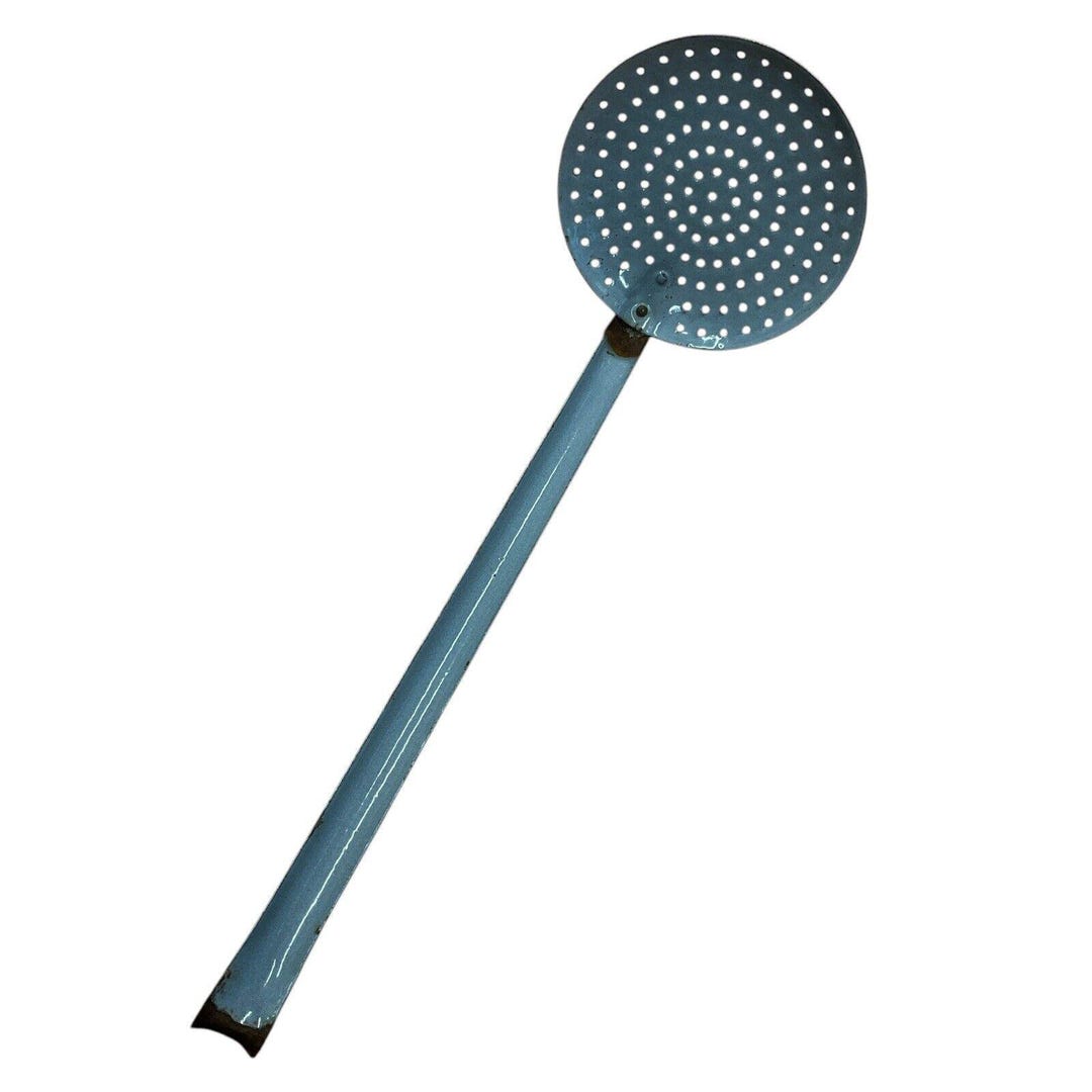 Gray Strainer Bent Skimmer Dipper Graniteware Enamel Handled Vintage ...