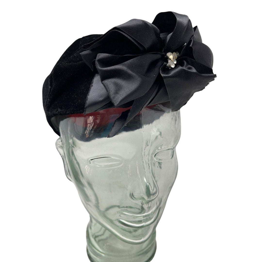 Velvet Satin Beret Exagerated Bow Front Hat Jeweled Detail Circa 40s ...