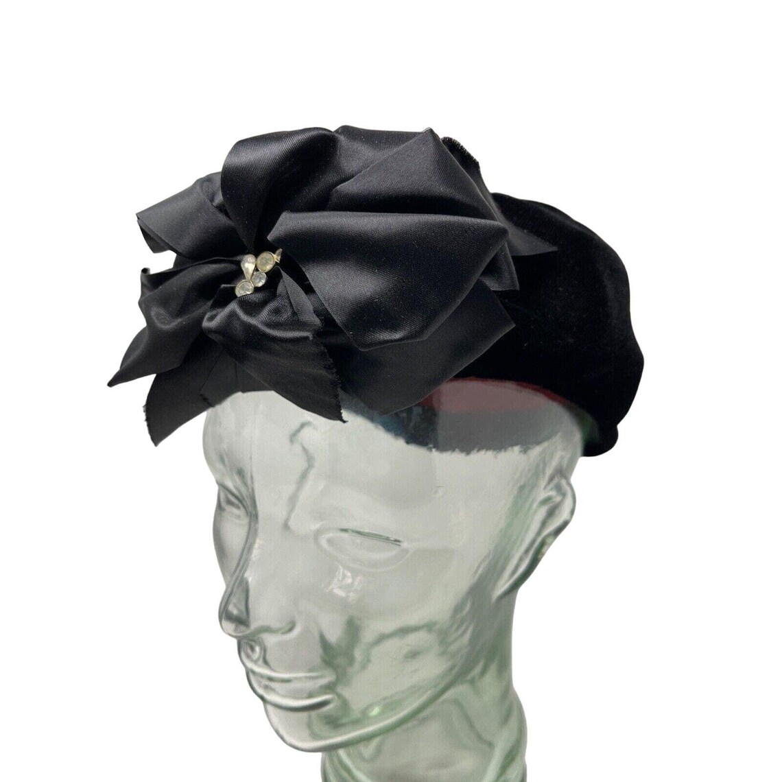 Velvet Satin Beret Exagerated Bow Front Hat Jeweled Detail Circa 40s ...